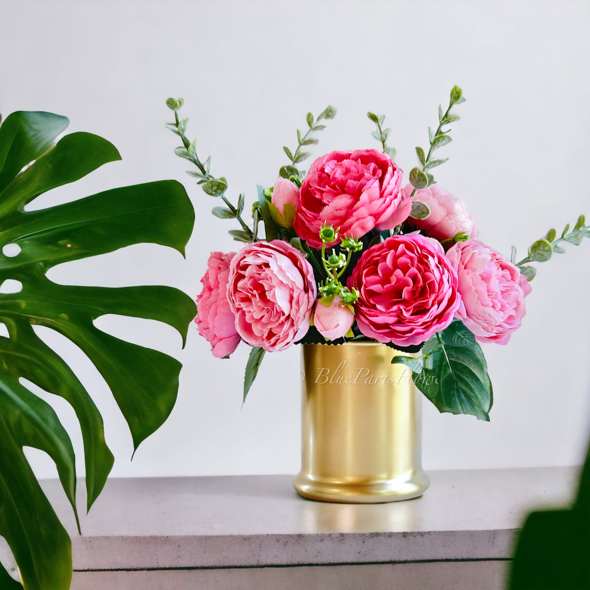 Pink Rose Peony Arrangement Gold Vase, Artificial Faux Table Centerpie ...