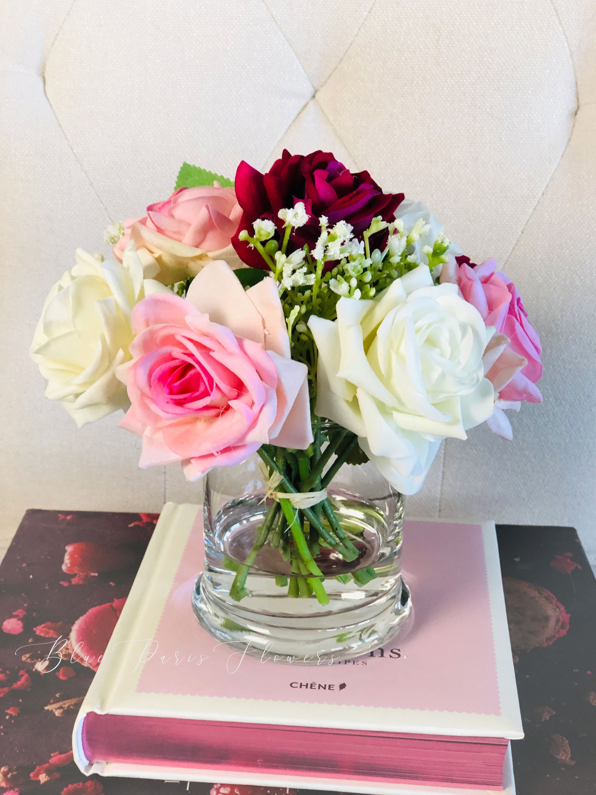 Faux Pink Rose Arrangement in Vase, Floral Decor Centerpiece, Artifici ...